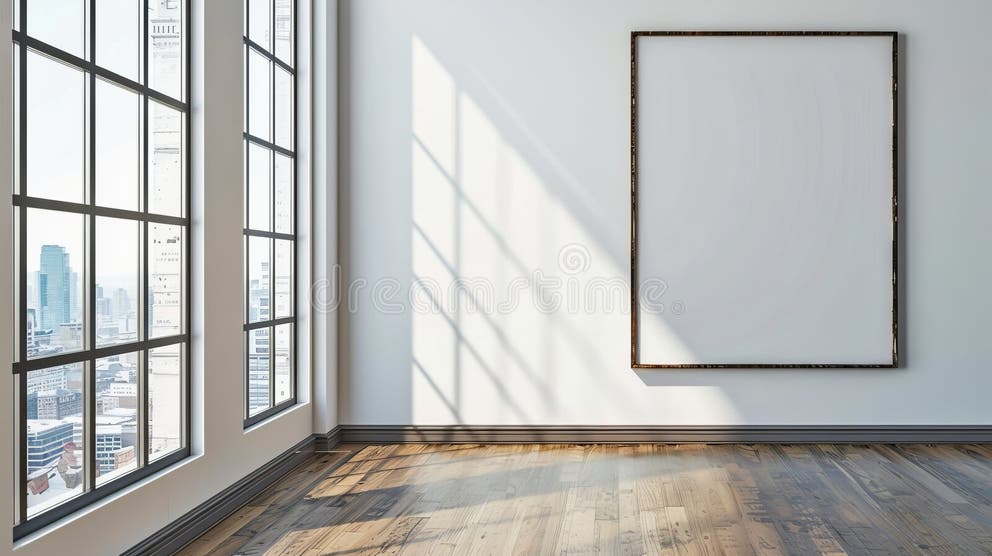Minimalistic Bright Empty Room with Large Windows and Blank Canvas ...