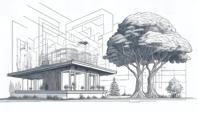 Minimalistic Cad Tree Line Drawing Side View of Forest Outline with ...