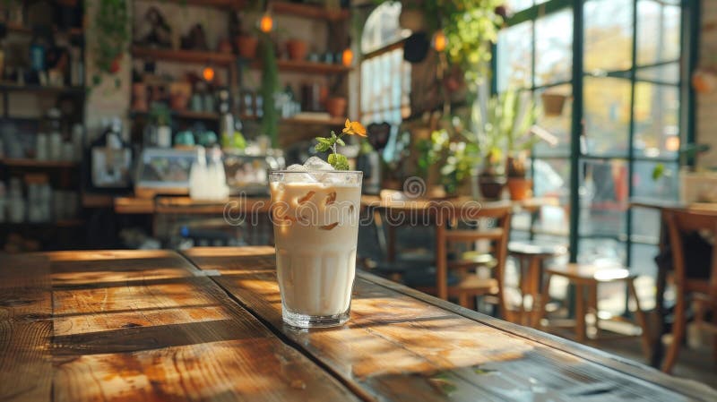 Minimalist Cafe Scene, a Minimalistic Cafe Table Displays an Iced Latte ...