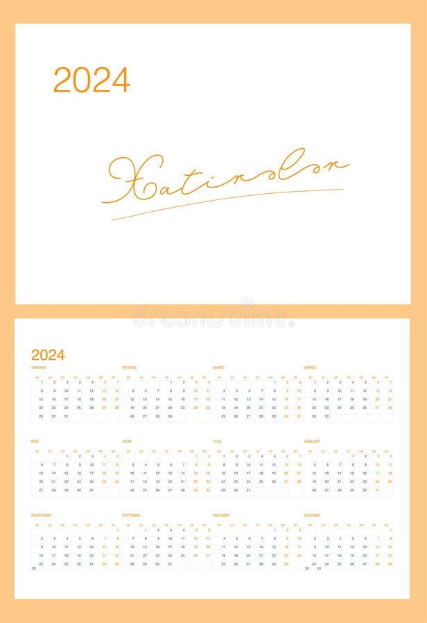 Minimalistic Calendar Grid for 2024 in Azerbaijani in 2024 Orange Color ...
