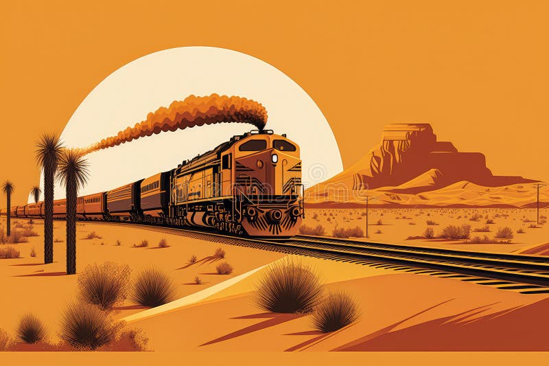 Minimalistic Cargo Train Passing through a Desert Landscape Stock ...