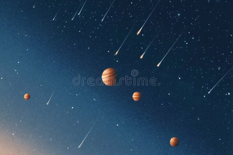 Minimalistic Celestial Scene with Planets and Shooting Stars in Night ...