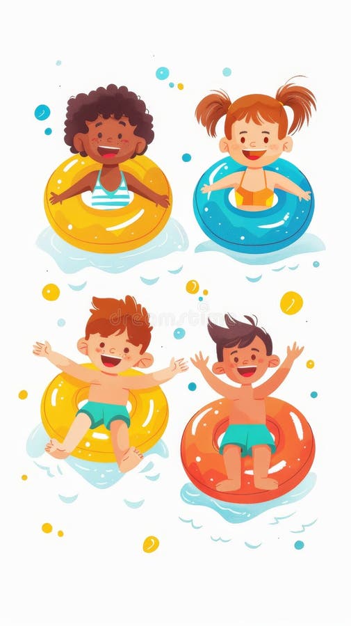 Minimalistic and Cheerful Children Having Fun on Inflatable Pool Toys ...