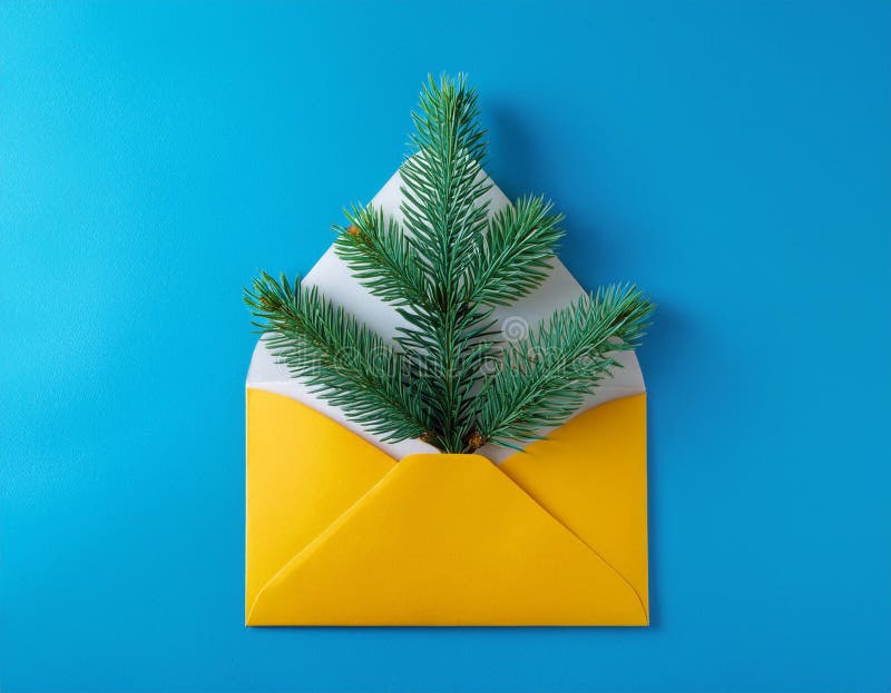Minimalistic Christmas Tree: Spruce Branches in Envelope on Blue ...