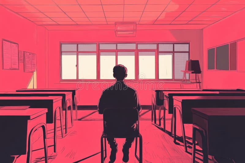 Minimalistic Classroom Scene Featuring a Teacher in a Vibrant Red ...
