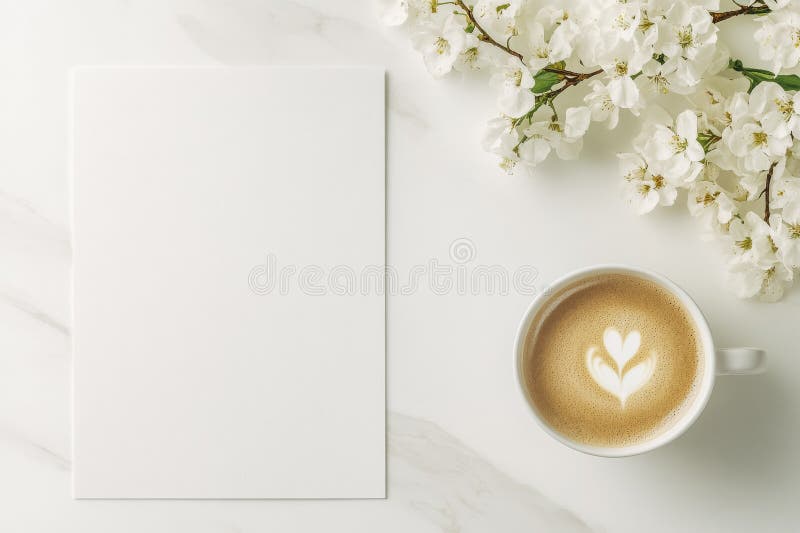 Minimalistic Coffee Break with Cherry Blossoms and Blank Paper for ...