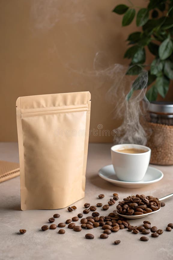 Minimalistic Coffee Packaging Mockup with Steaming Cup and Roasted ...