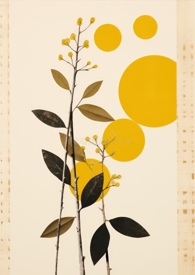 Minimalistic Collage of Tree Branches and a Yellow Circles in the Sky ...
