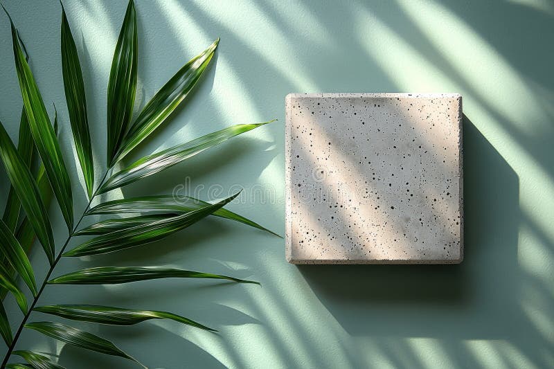 Concrete Square Decor Piece on Green Wall with Natural Light and Leaves ...