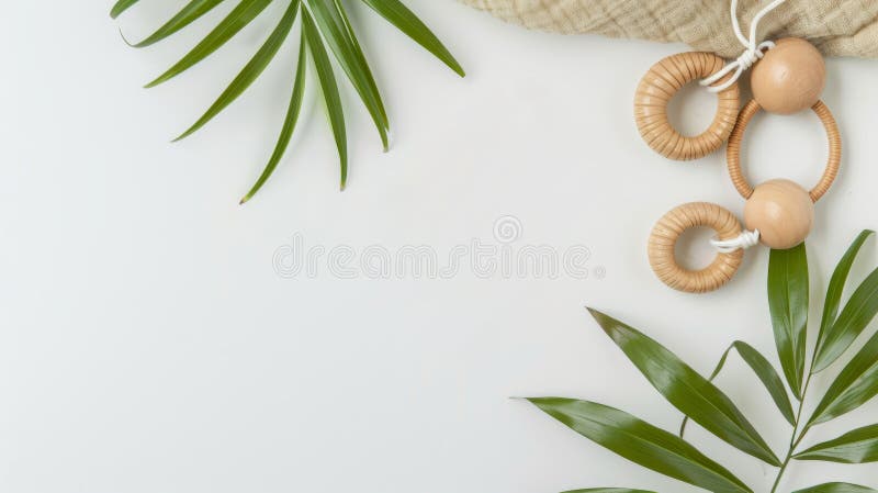 Minimalistic Composition of Green Palm Leaves, Beige Fabric and Wooden Teether on a White ...
