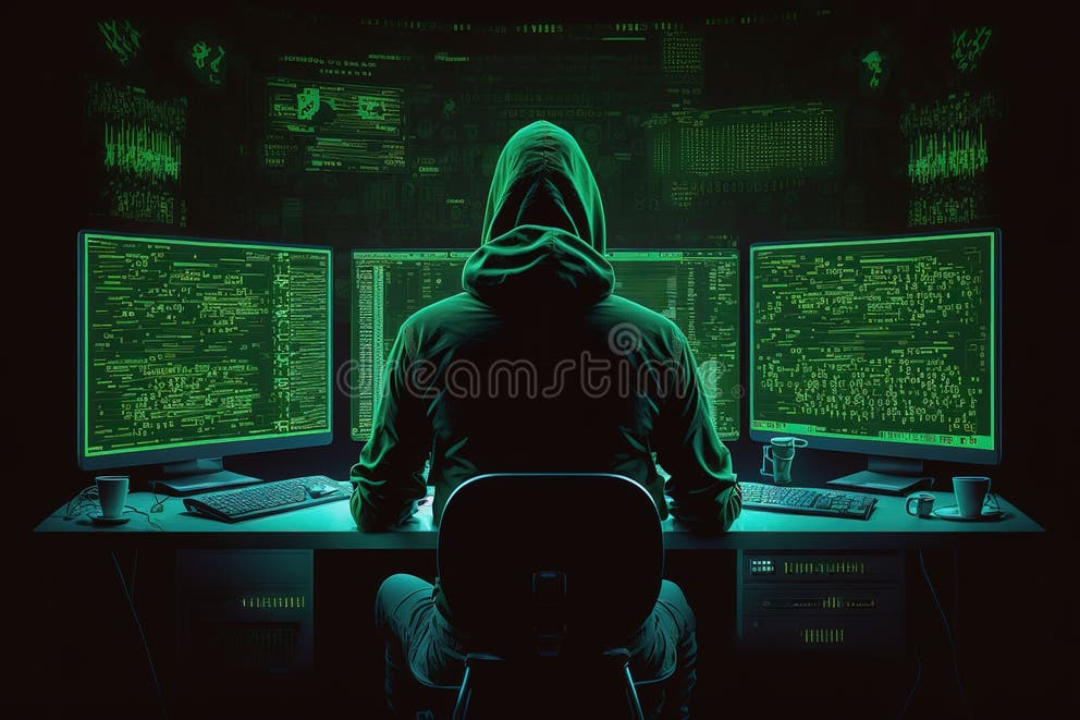 Minimalistic Concept of Alone Hacker Programmer Surrounded by Green Programming Codes in a Dark ...