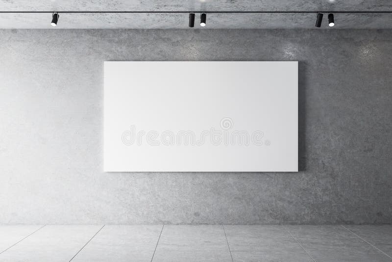 Minimalistic Concrete Interior with Lamps on Ceiling and Poster on Wall ...