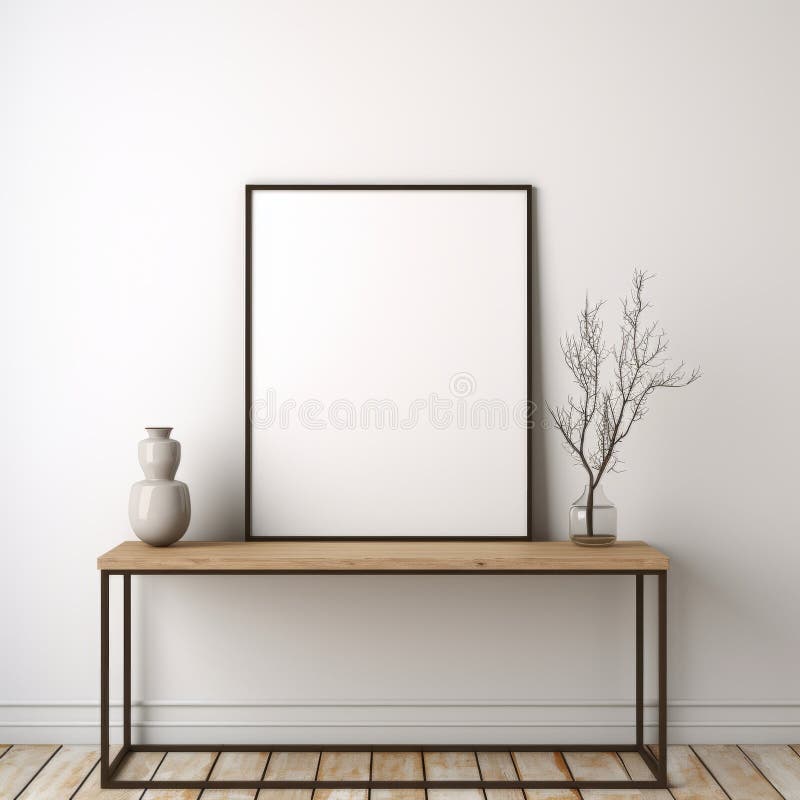 Minimalistic Console Table with Empty Frame and Vase on Blank Wall ...