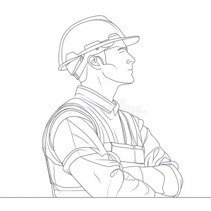 Minimalistic Continuous Line Drawing of a Builder on a White Background ...