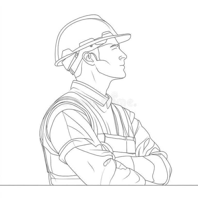Minimalistic Continuous Line Drawing of a Builder on a White Background ...