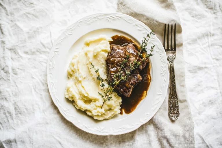 Minimalistic Culinary Presentation of Mashed Potatoes and Meat on ...