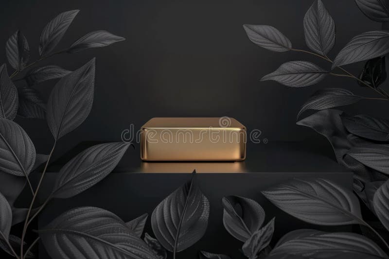 Minimalistic 3D Design with a Gold Box and Black Leaves - Elegant ...