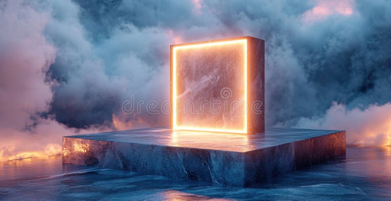 3D Render of a Glowing Abstract Cube on a Platform Surrounded by Misty ...
