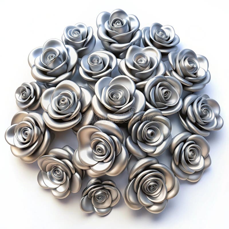 3d Rendering of a Lot of Silver Roses. Flat Lay of Minimal Flower Style ...