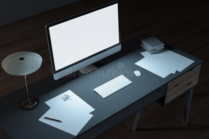 Minimalistic Dark Office Interior with Blank Computer Screen Editorial ...