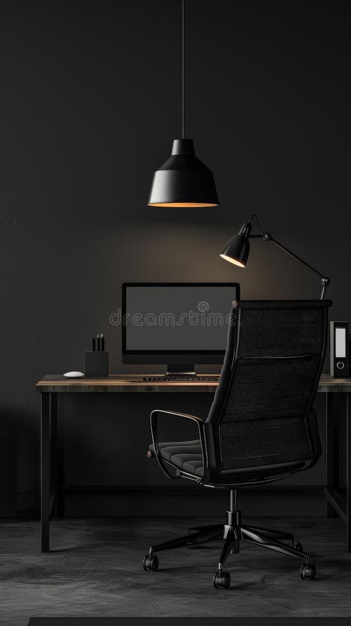 Minimalistic Dark Office Setup with Computer and Black Chair. Modern ...