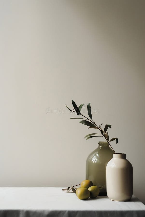 A Light Ceramic Vase with an Olive Branch, a Green Glass Vase, Pears on ...