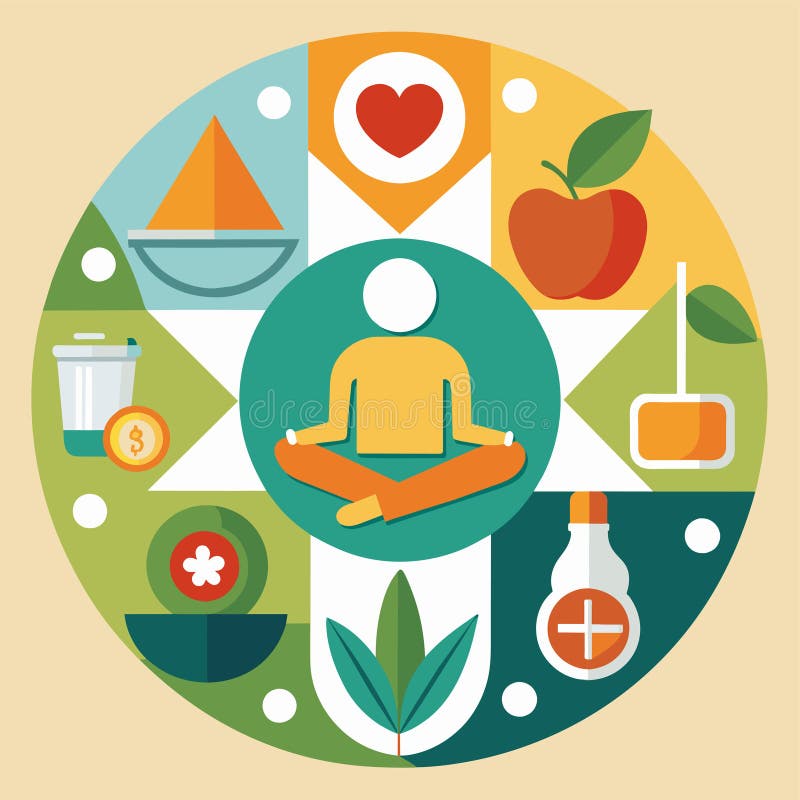 Minimalistic Design Symbolizing Health and Wellness through Circular Icons, Create a ...