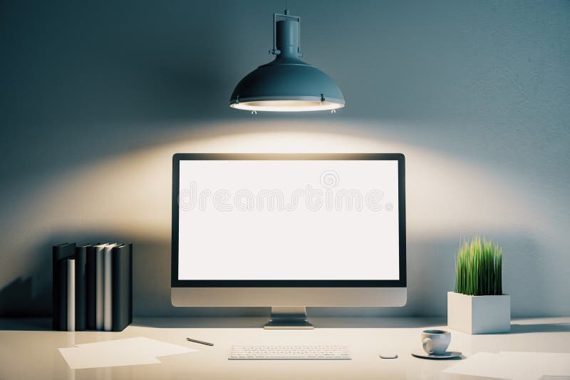 Minimalistic Designer Desktop with Empty White Computer Screen Stock ...