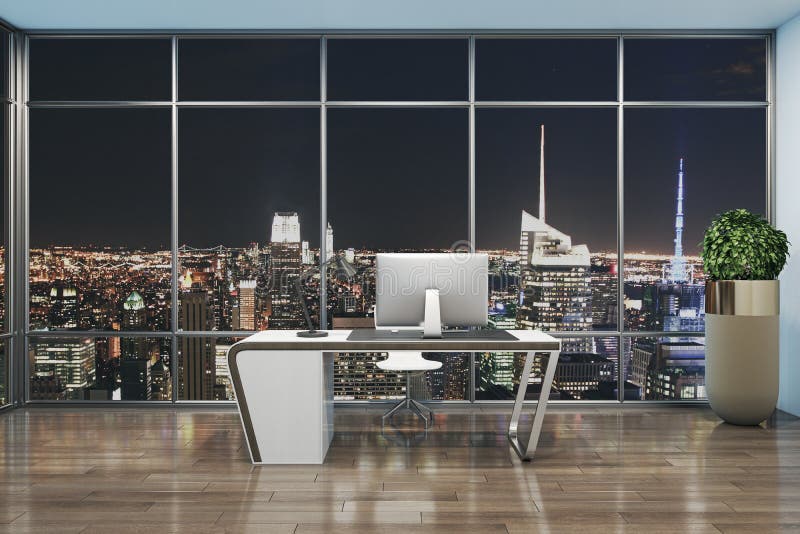 Minimalistic Designer Office Interior with Workplace, Night City View ...