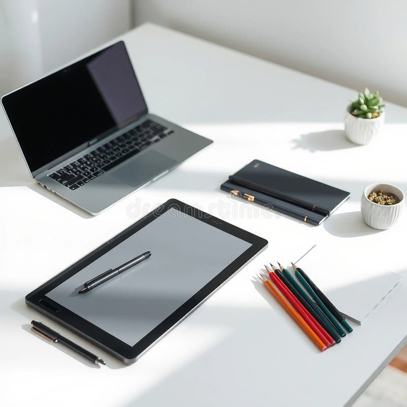 Minimalistic Designer S Desktop. Graphic Tablet with Laptop Stock ...
