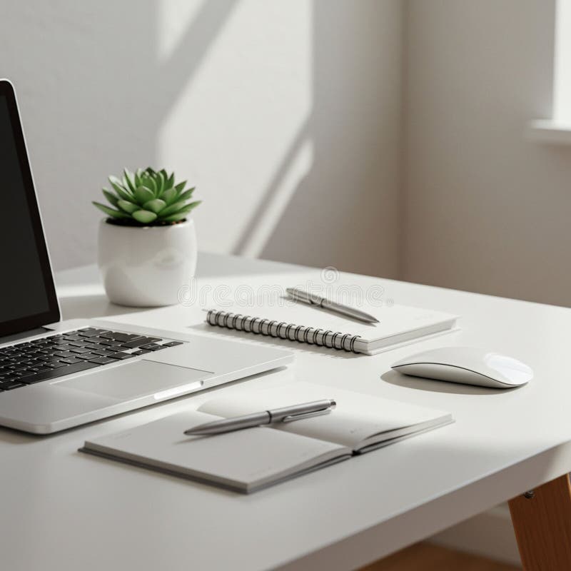 Minimalistic Desk Setup with a Silver Laptop, Wireless Mouse, Spiral ...