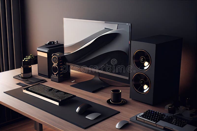 A Minimalistic Desk with a Sleek Black Computer and Gaming Accessories ...