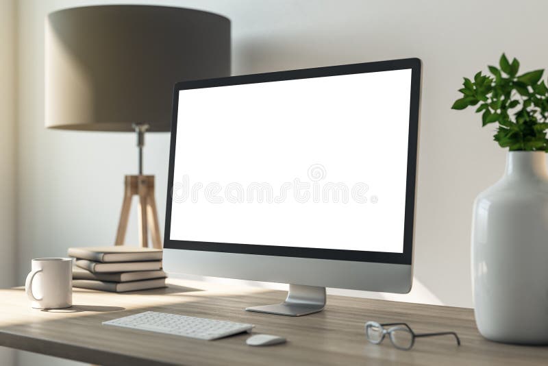 Minimalistic Desktop with Glowing Computer Screen Stock Illustration ...