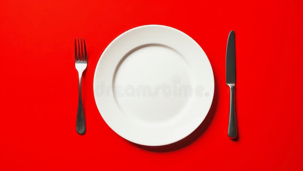 Empty Diet Plate with Fork and Knife Set on Red Background Stock Photo ...