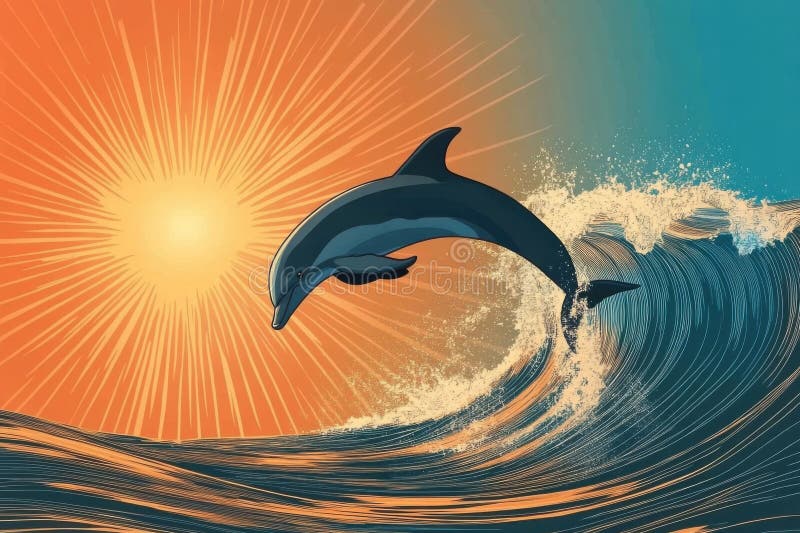 Minimalistic Dolphin Leaping Over Ocean Wave at Sunset for Nature ...