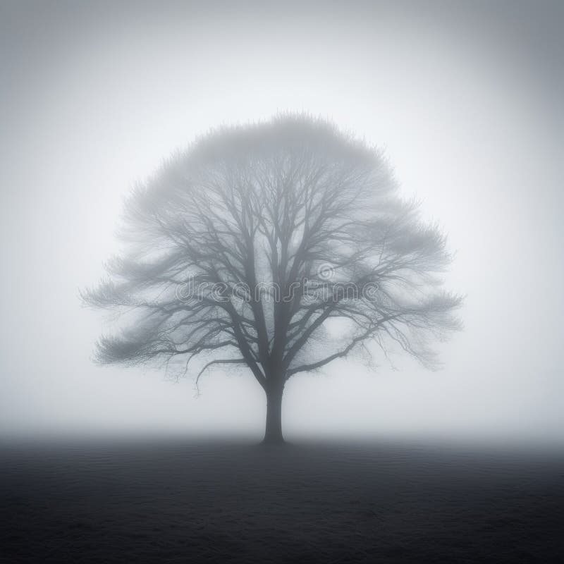 Minimalistic Drawing in Black and White with a Single Withered Tree ...