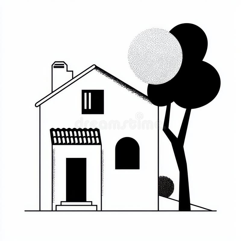 A Minimalistic Drawing of a House and a Tree, Accentuating a Snug and ...
