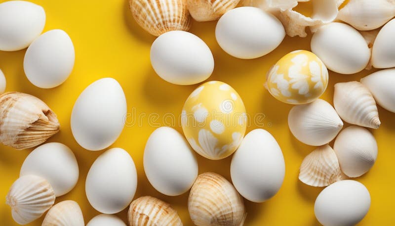 Minimalistic Easter Background. White Easter Eggs and Shells on a ...