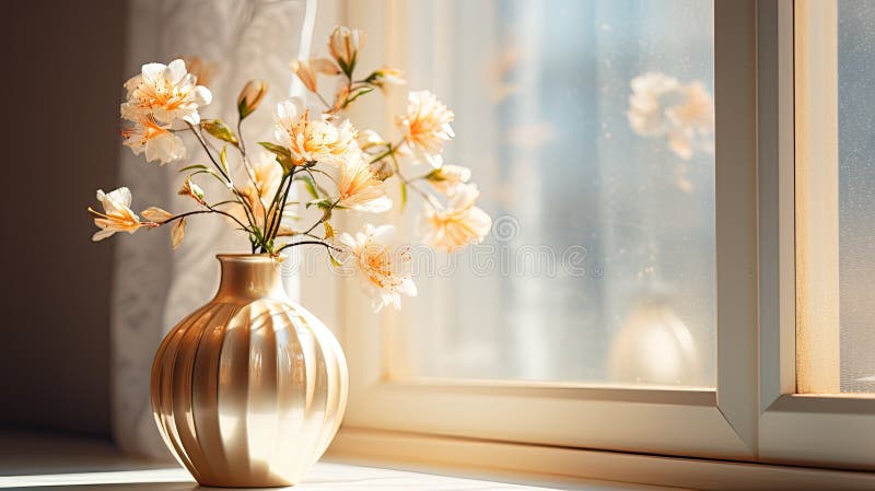 Minimalistic Elegance - Window Sill with a Clear Vase , Sun Rays on ...