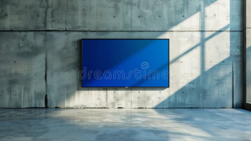 Minimalistic Empty Concrete Room with Large Blue Screen on the Wall ...