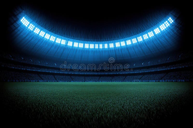 Minimalistic Empty Football Stadium at Night with Bright Stadium Lights ...