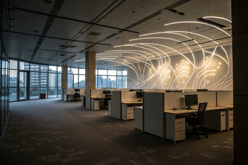 Empty Dim Open Space Office with Abstract Light Stock Illustration ...