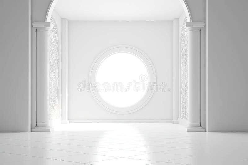 Minimalistic Empty White Room with Big Round Window Stock Illustration ...