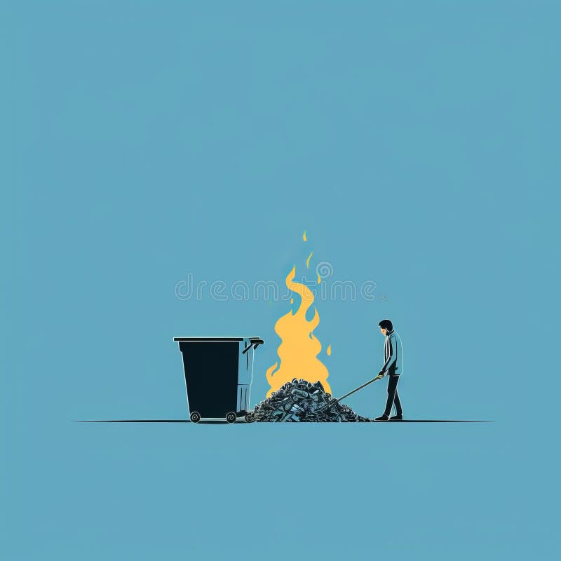 Minimalistic Figurative Illustration: Burning Garbage Can Stock ...