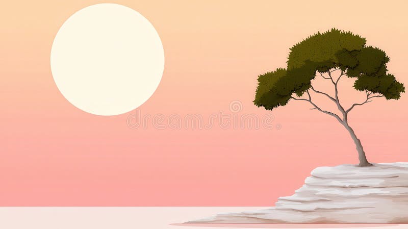 Minimalistic Flat Design of Coastal Cliff with Tree and Sunset Stock ...