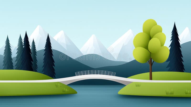 Minimalistic Flat Design of River with Small Bridge and Mountains Stock ...