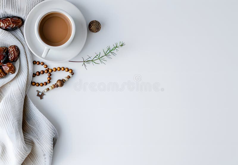 Minimalist Flat Lay of Dates, Coffee, and Rosary Stock Illustration ...