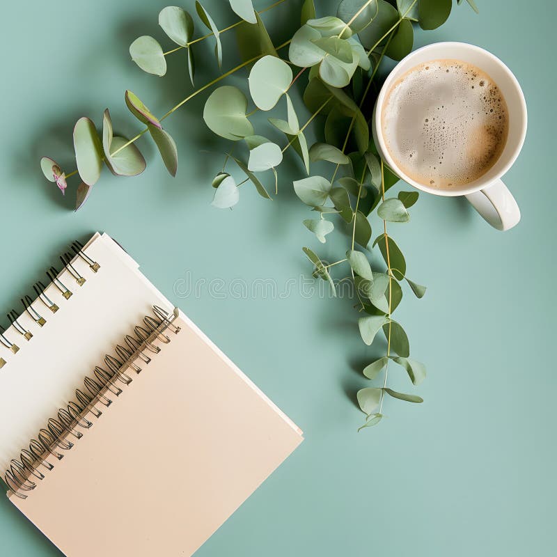 Minimalistic Flat Lay with Notebook Eucalyptus Leaves Stock ...