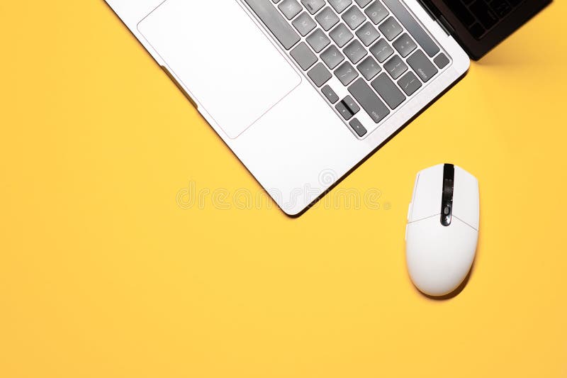 Minimalistic Computer Workplace with Computer Mouse in Focus and ...