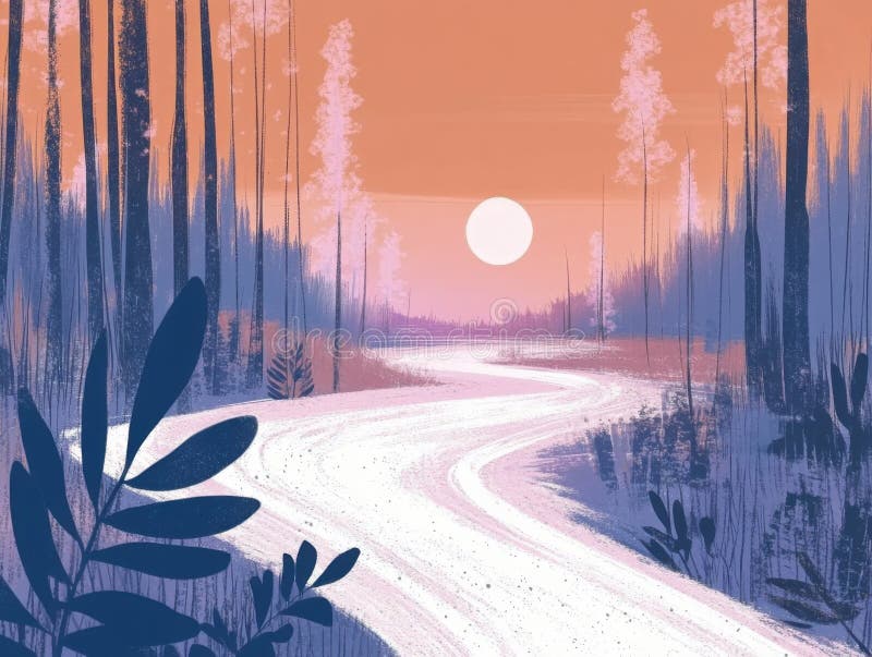 Minimalistic Forest Landscape at Sunset with Winding Path Stock Photo ...